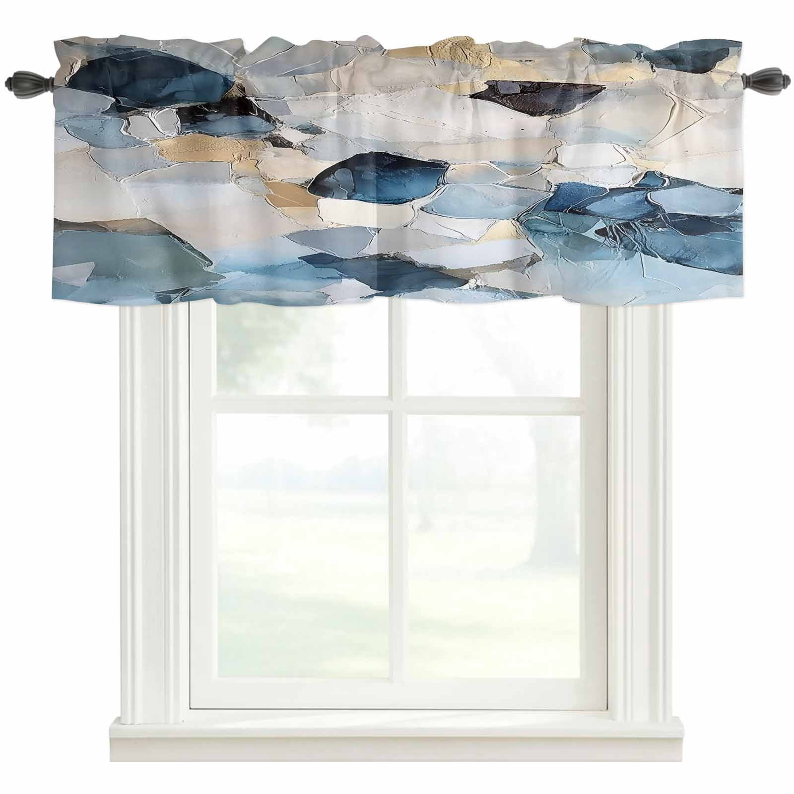 Blue Geometric Rod Pocket Curtain Valance, Modern Abstract Oil Painted ...
