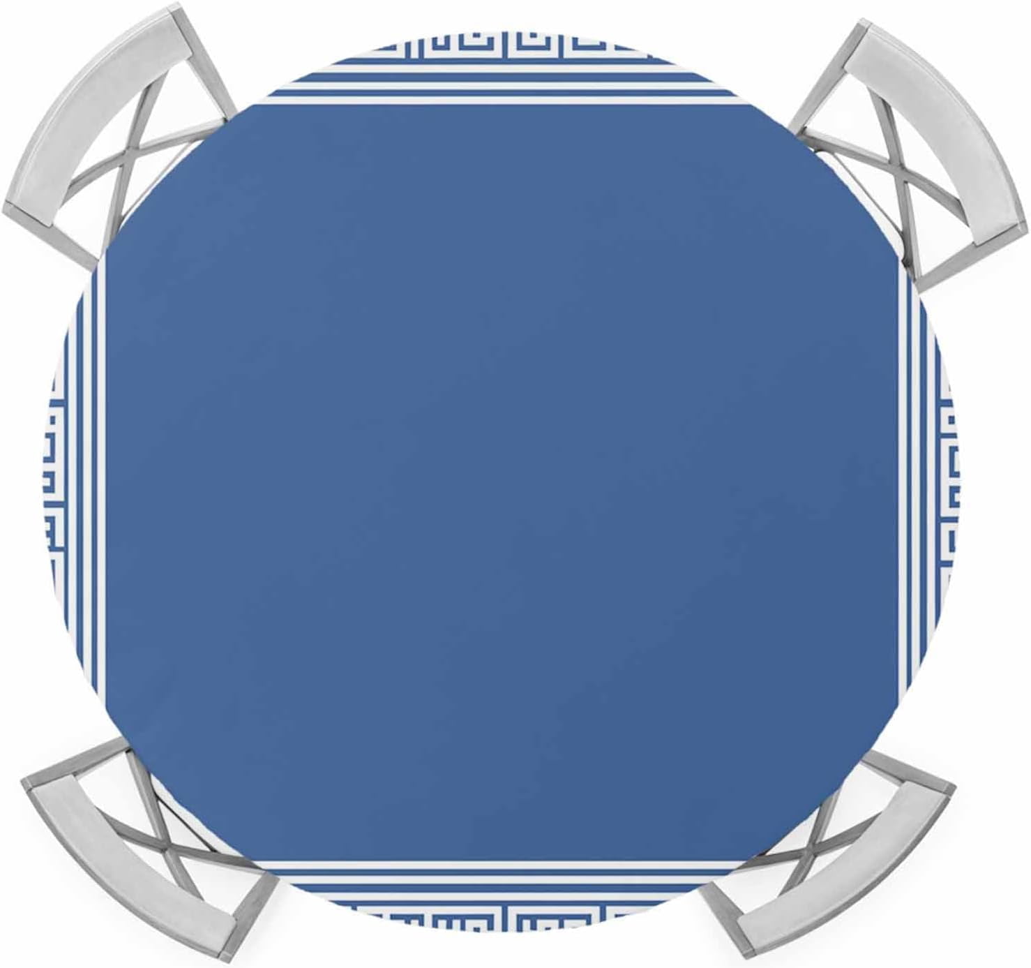Blue Geometric Round Fitted Tablecloth with Elastic Edge, White Greek ...