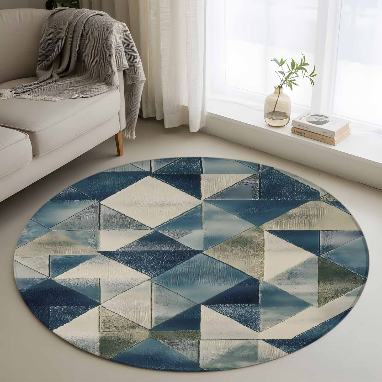 Blue Geometric Round Rug 3.3ft Washable Circle Entryway Rugs Non Slip ...