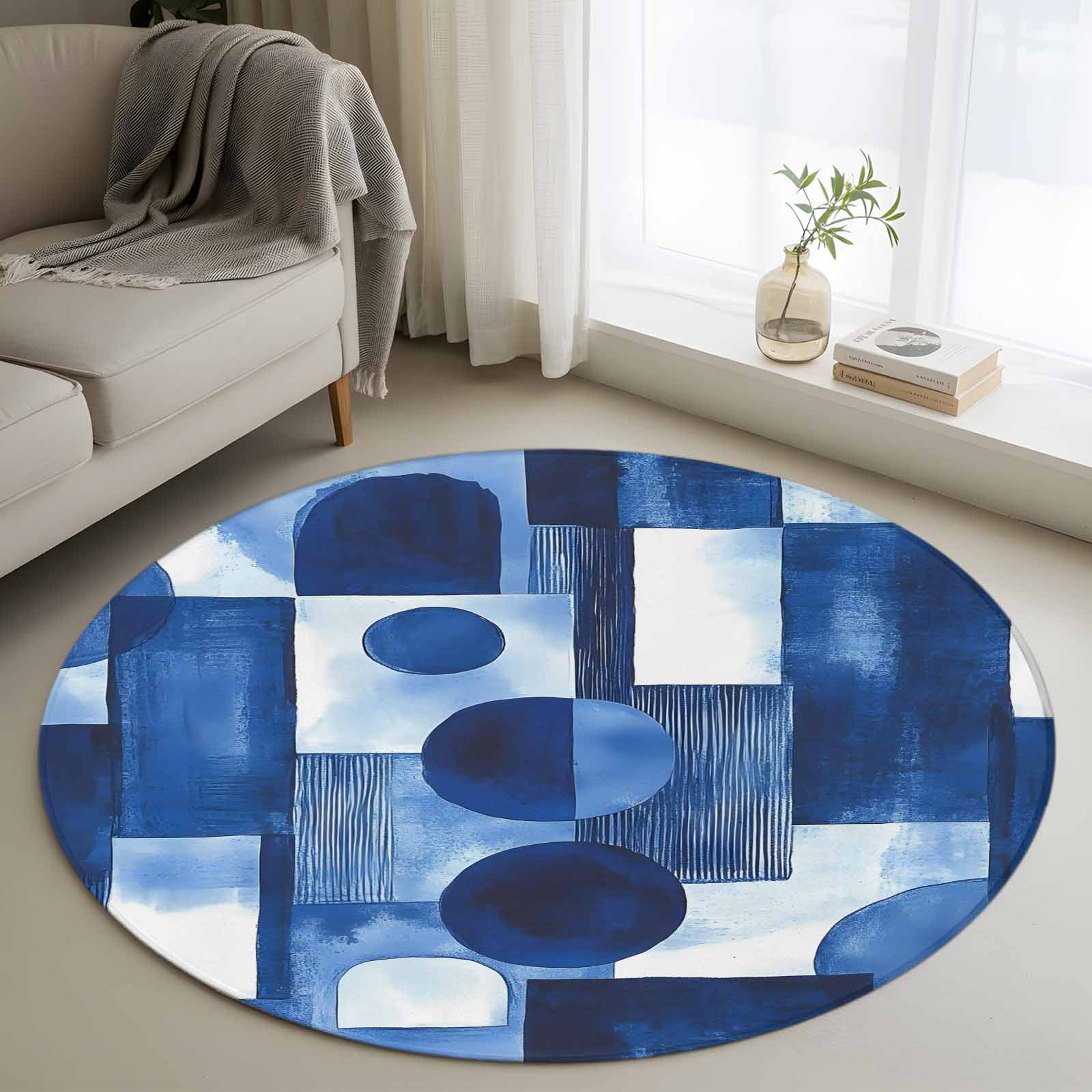 Blue Geometric Round Rug 3ft Washable Circle Entryway Rugs Non Slip ...