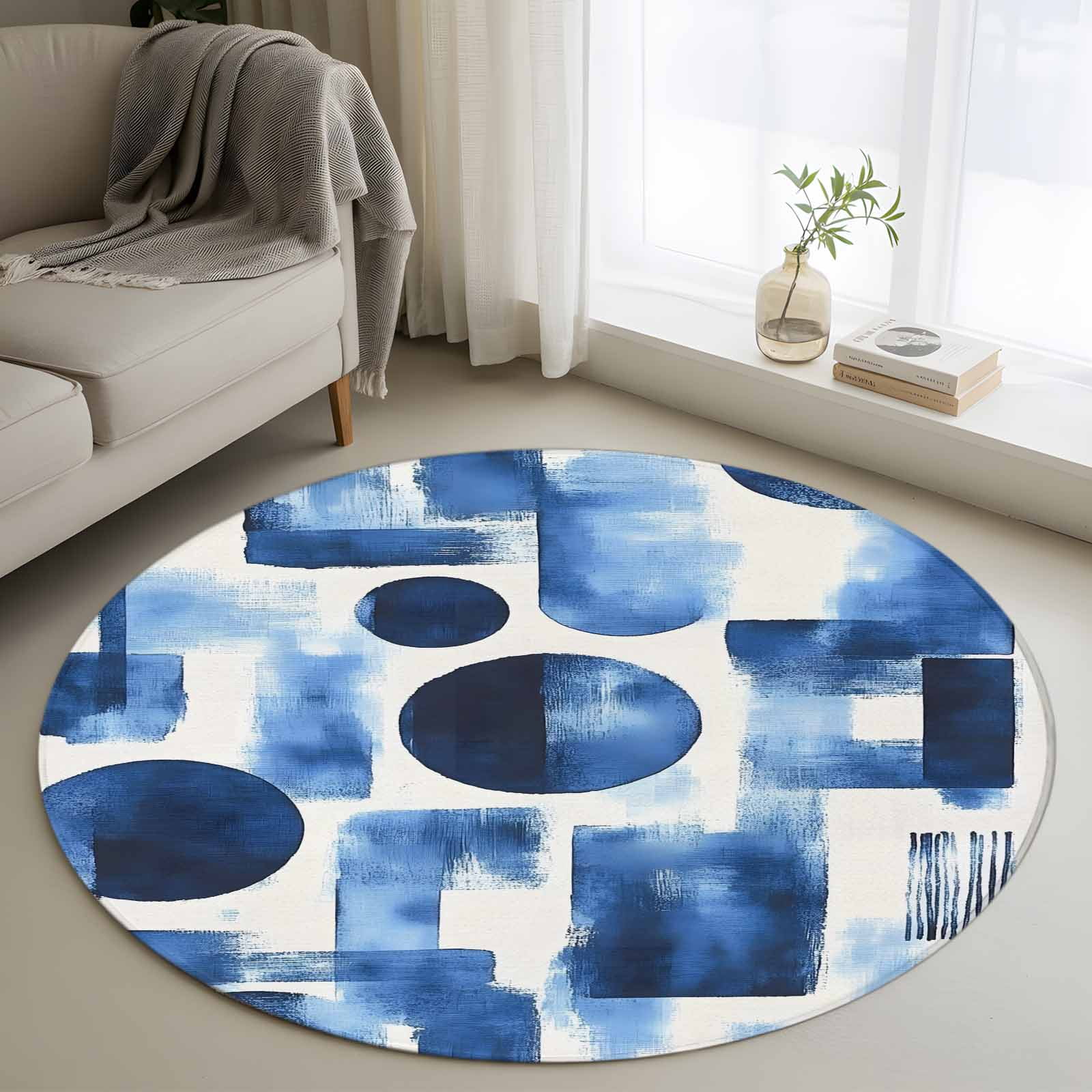 Blue Geometric Round Rug 3ft Washable Circle Entryway Rugs Non Slip ...