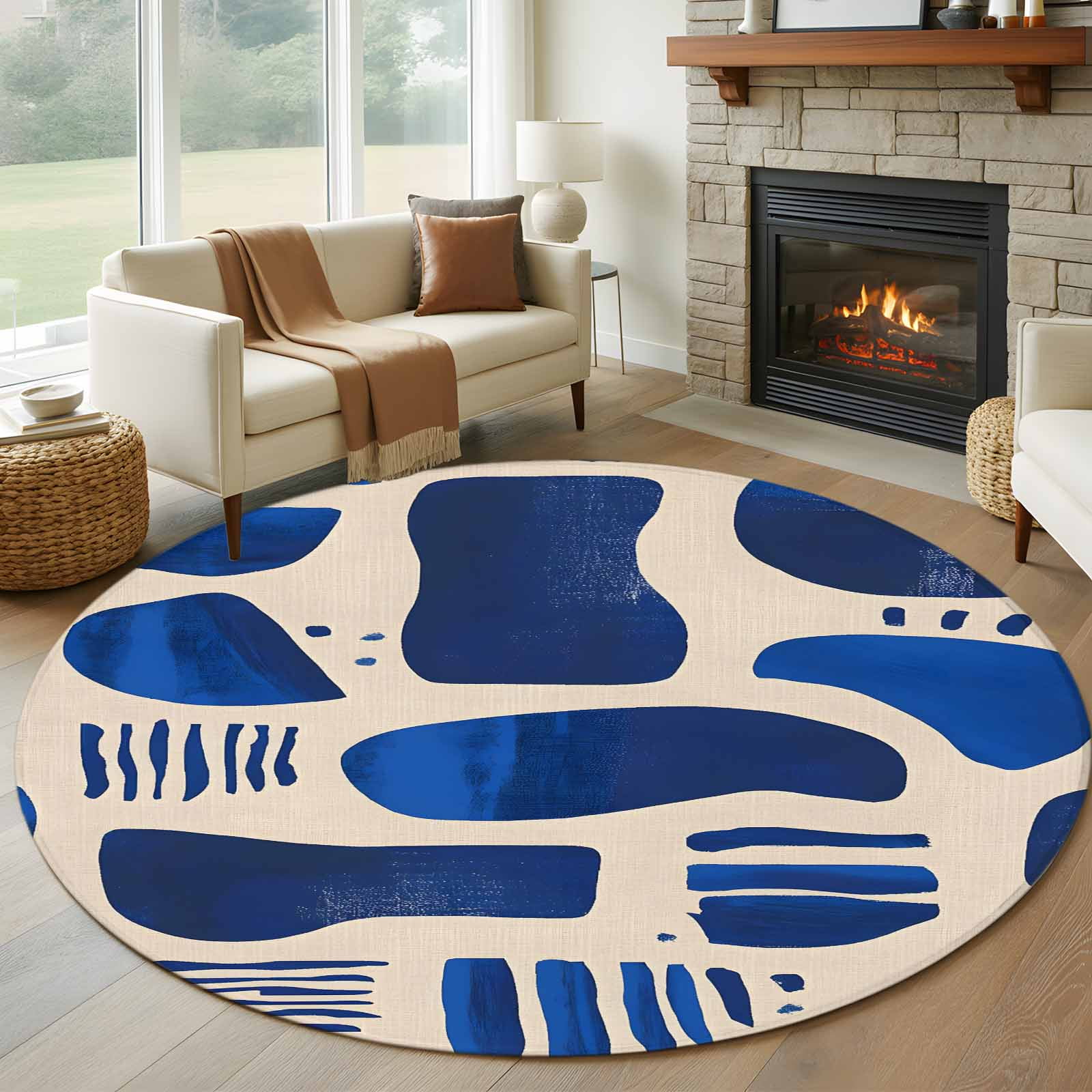 Blue Geometric Round Rug 5ft Washable Circle Kitchen Rugs Non Slip ...
