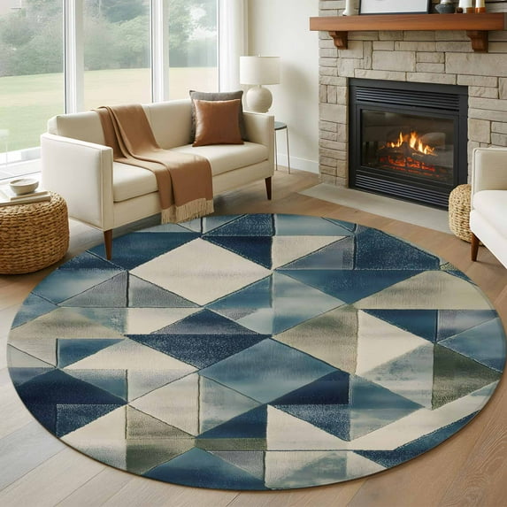 Blue Geometric Round Rug 5ft Washable Circle Kitchen Rugs Non Slip ...