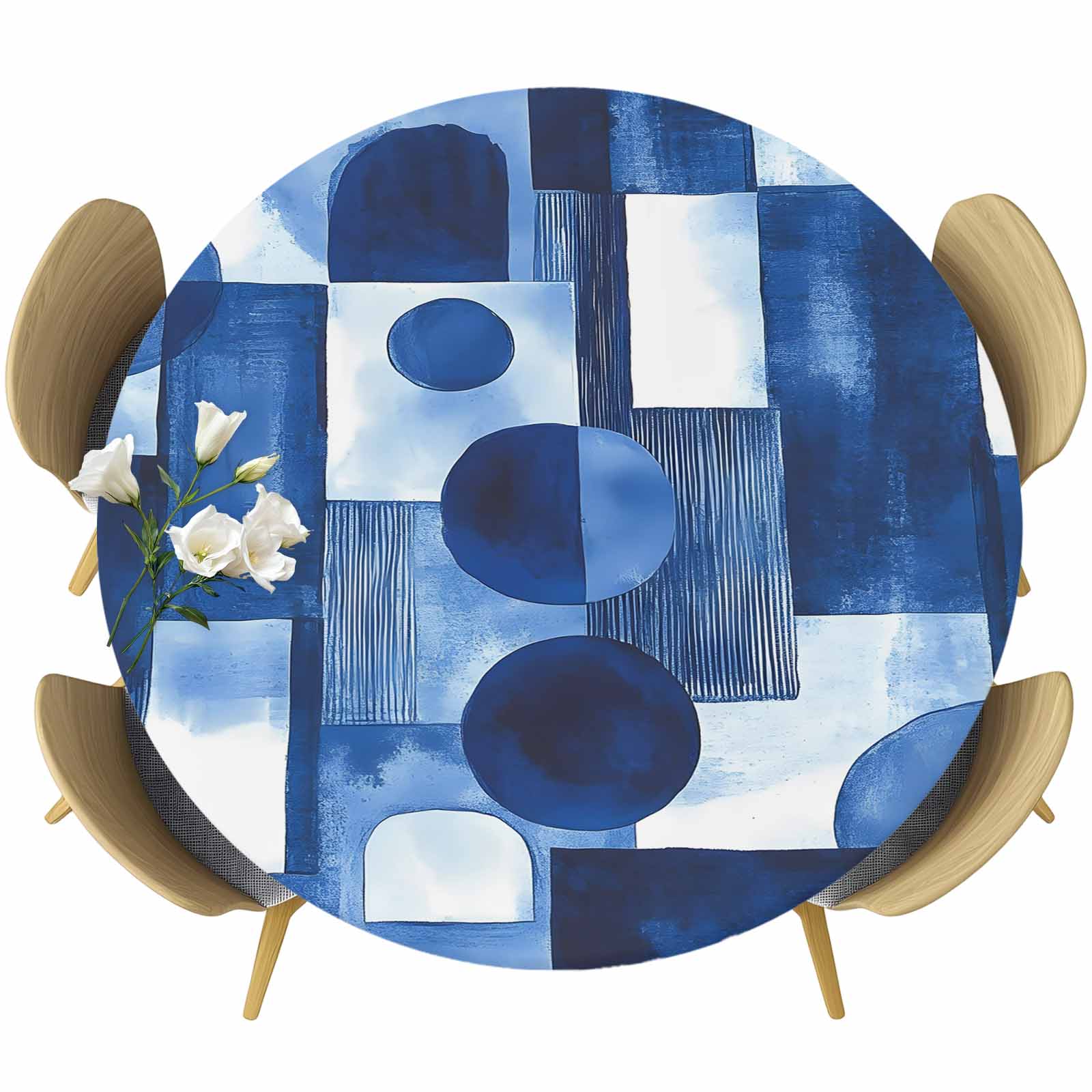 Blue Geometric Round Tablecloth 36-44 Inch Round Fitted Table Cloth ...