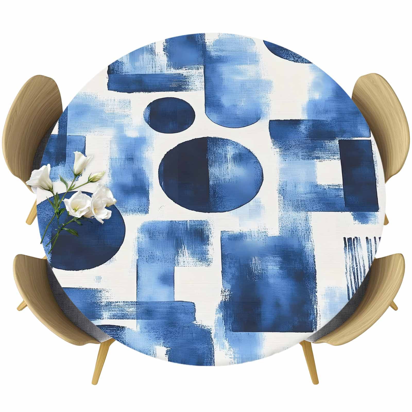 Blue Geometric Round Tablecloth 36-44 Inch Round Fitted Table Cloth ...