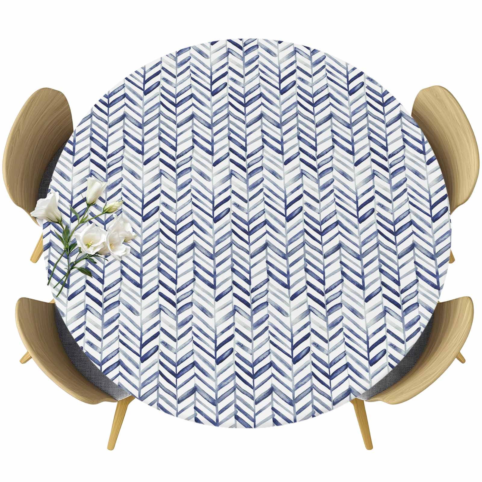 Blue Geometric Round Tablecloth, Fitted Table Cover with Elastic for 55 ...