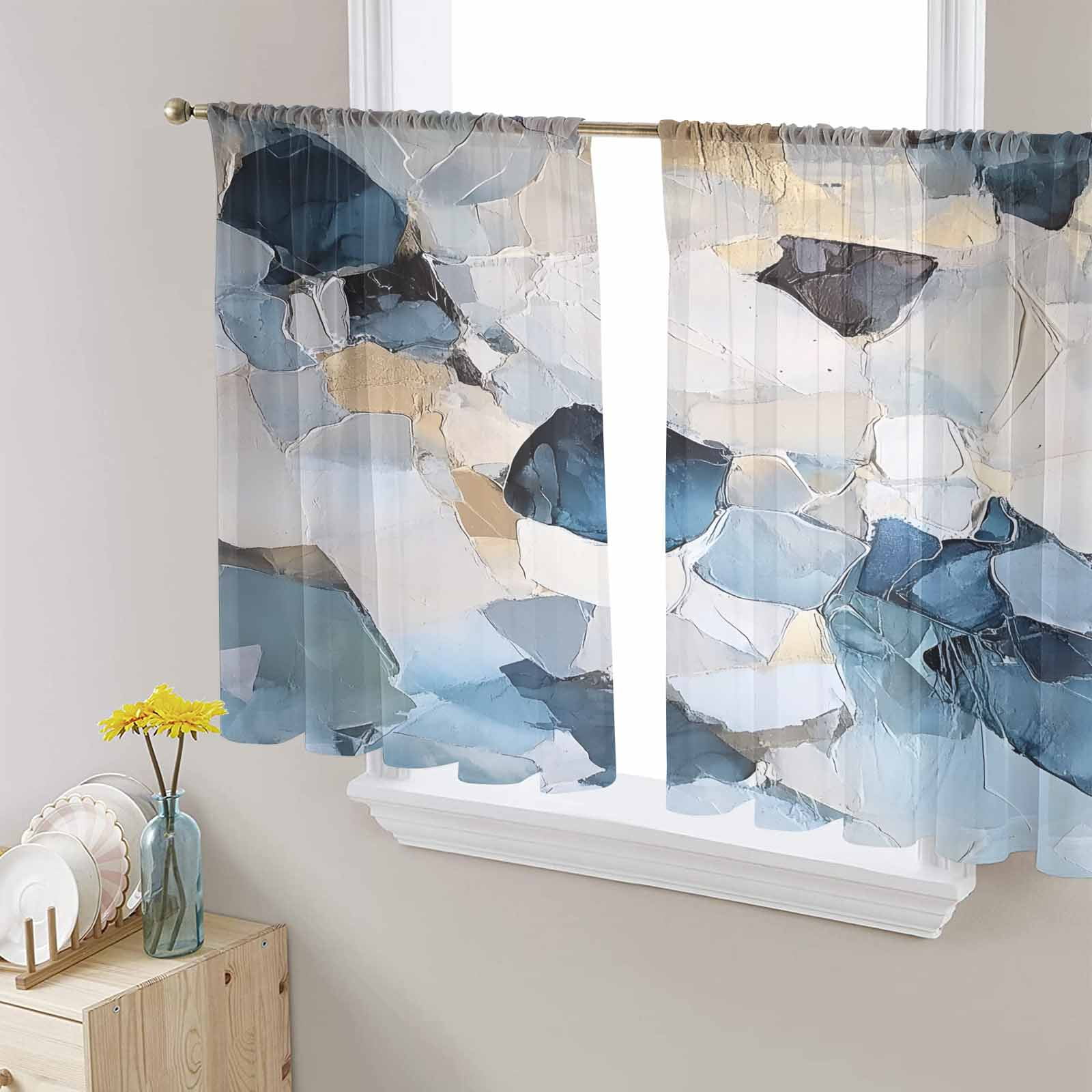 Blue Geometric Semi Sheer Curtains 45 Inch Length 2 Panels Set, Modern ...