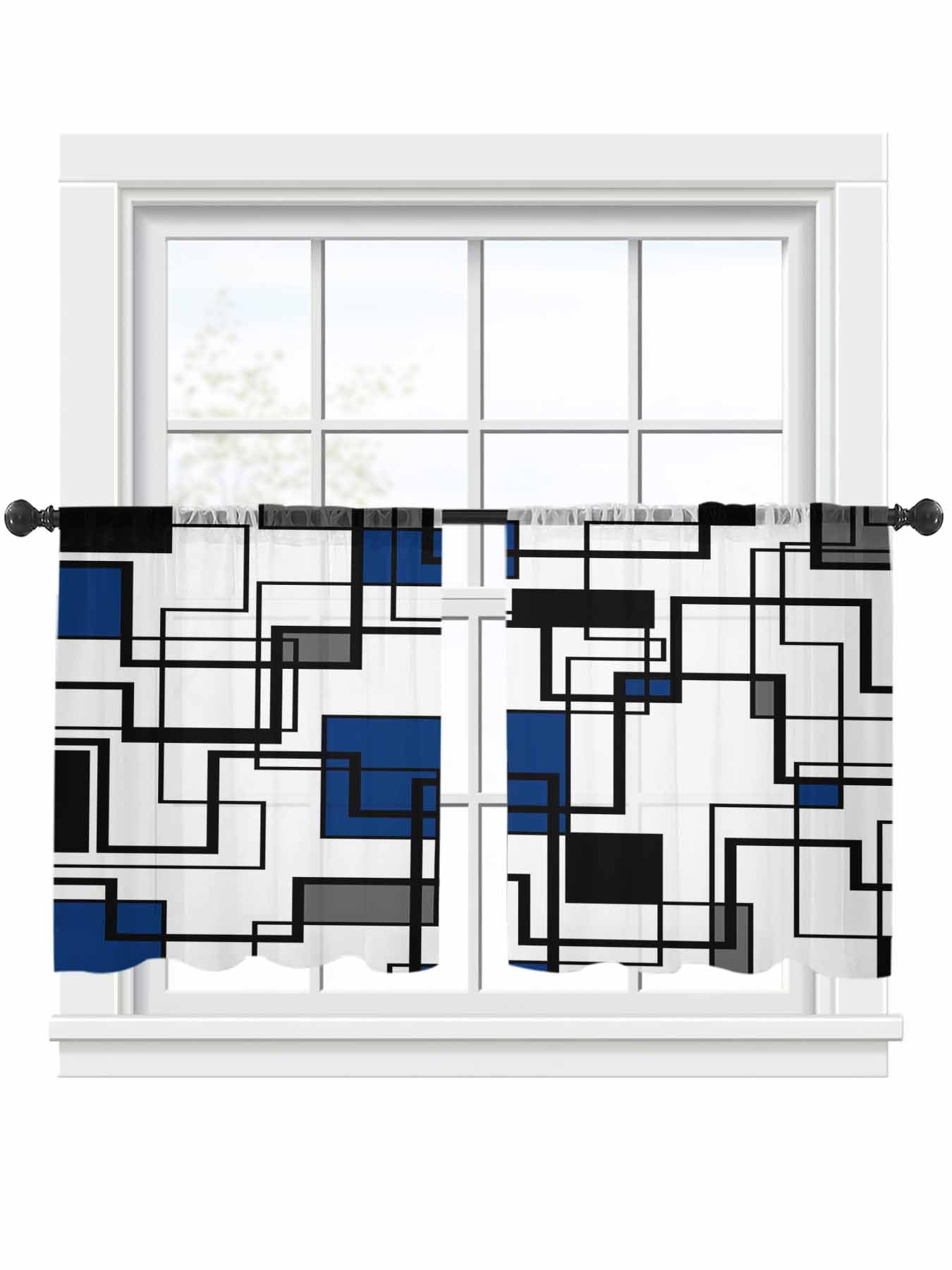 Blue Geometric Sheer Curtains 45 Inch Length 2 Panels Set, Semi ...