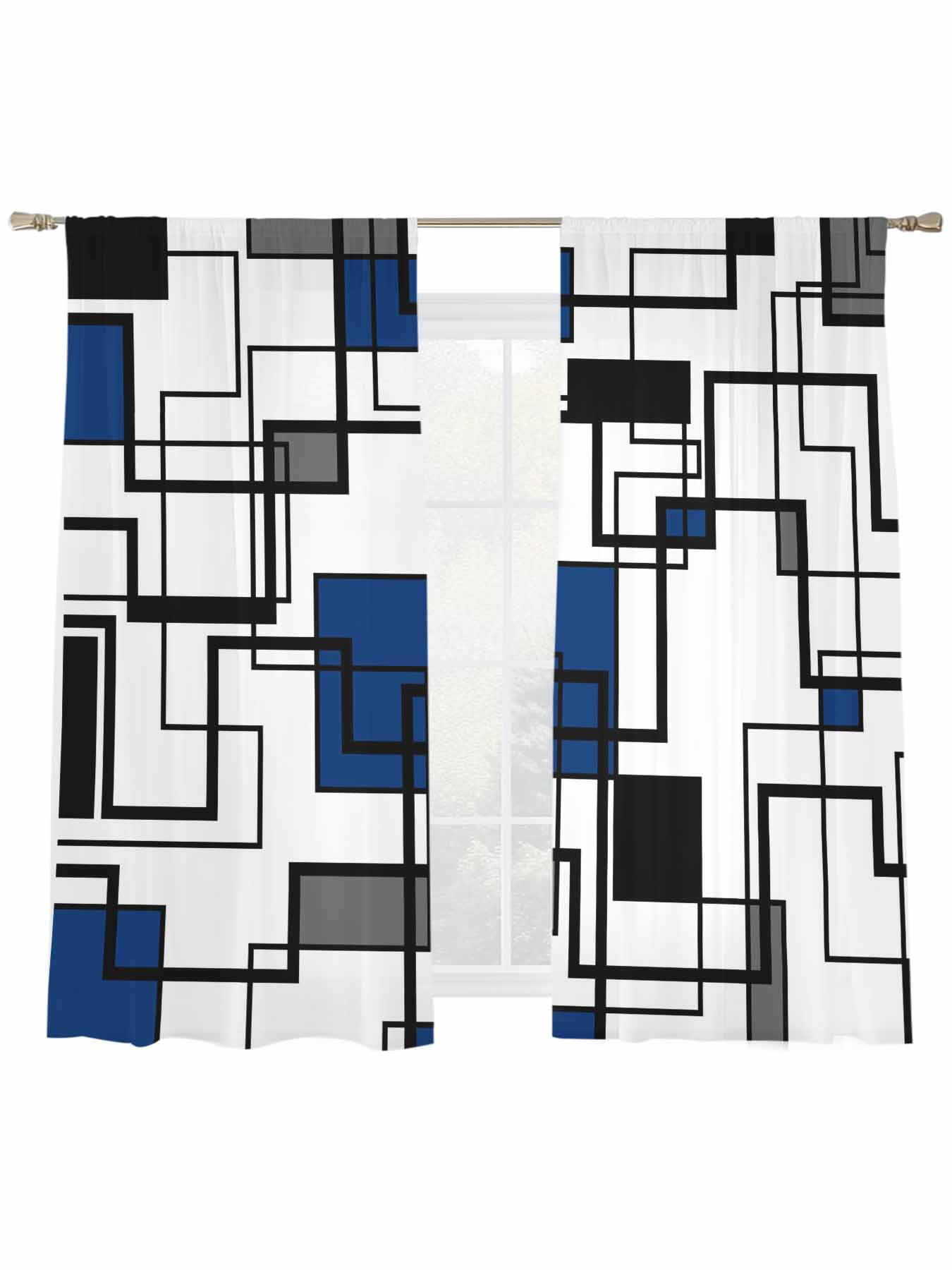 Blue Geometric Sheer Curtains 63 Inch Length 2 Panels Set, Semi Transparent Voile Rod Pocket ...