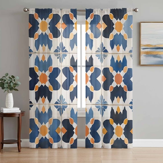 Blue Geometric Sheer Curtains 63 Inch Length 2 Panels Set, Simple ...