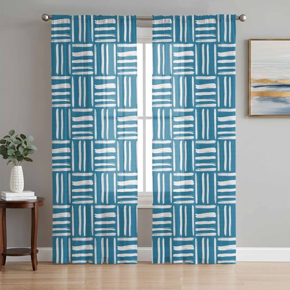 Blue Geometric Sheer Curtains 72 Inch Length 2 Panels Set, Modern ...
