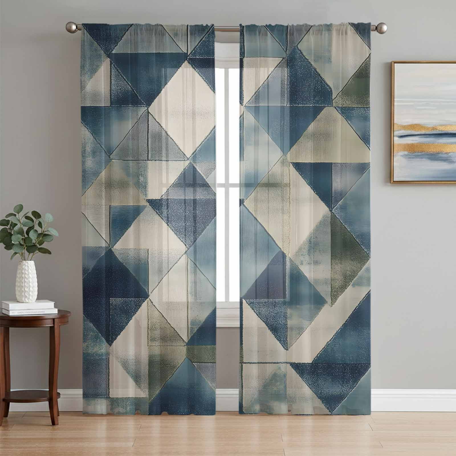 Blue Geometric Sheer Curtains 72 Inch Length 2 Panels Set, Rhombus ...