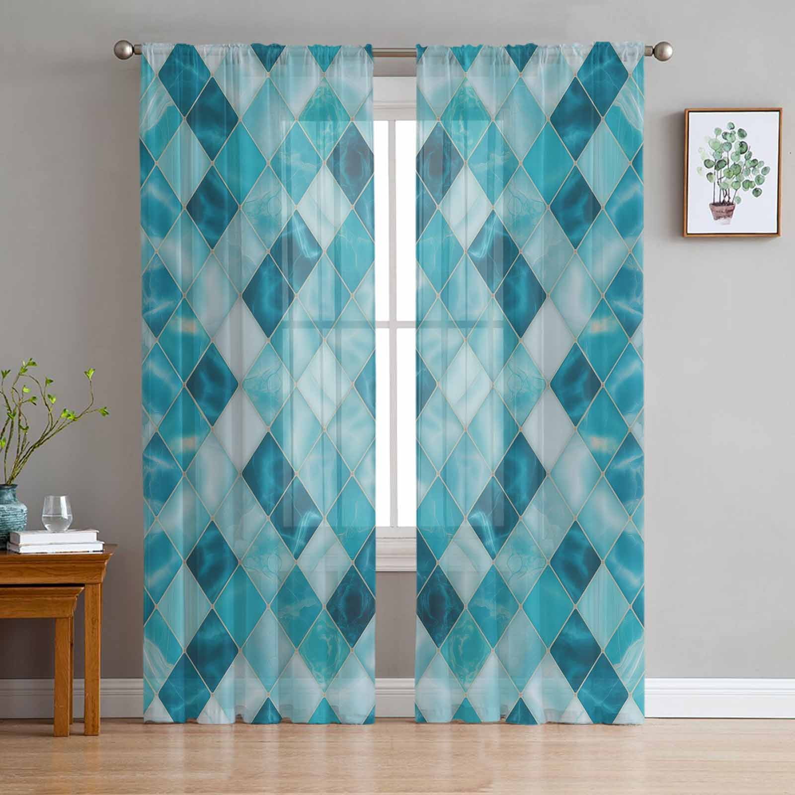 Blue Geometric Sheer Curtains 72 Inches Long 2 Panels Set, Window Sheer ...