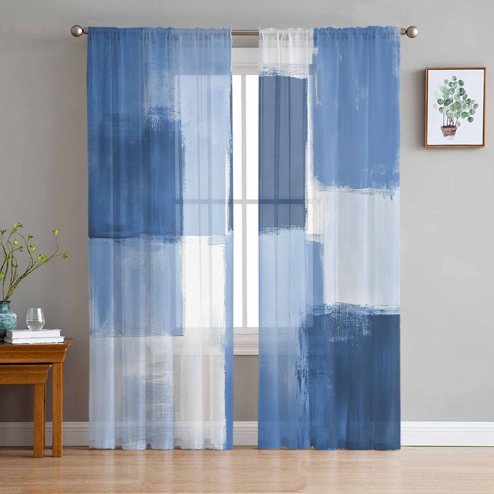 Blue Geometric Sheer Curtains 72 Inches Long 2 Panels Set, Window Sheer ...