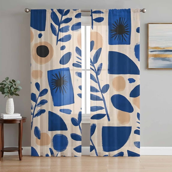 Blue Geometric Sheer Curtains 84 Inch Length 2 Panels Set, Botanical ...