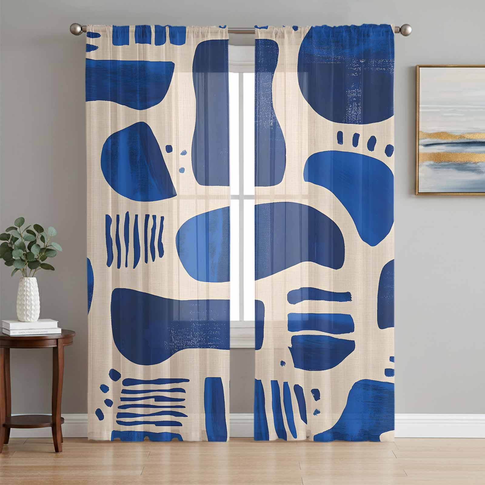 Blue Geometric Sheer Curtains 96 Inch Length 2 Panels Set, Contemporary ...