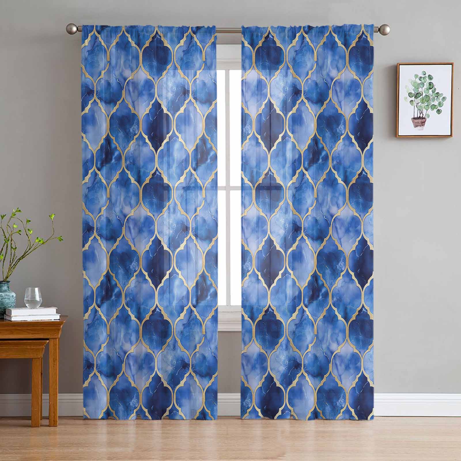 Blue Geometric Sheer Curtains 96 Inch Length 2 Panels Set for Living ...