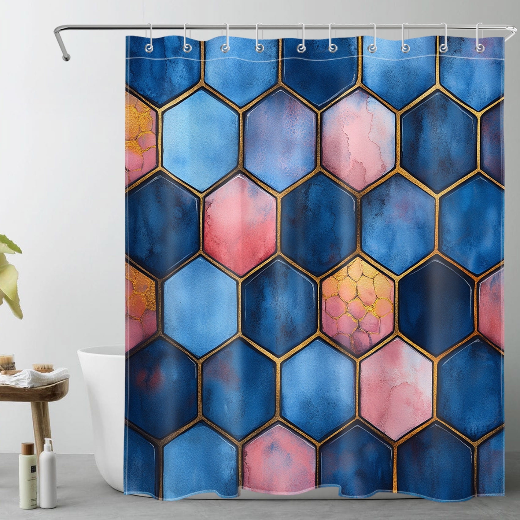 Blue Geometric Shower Curtain for Bathroom Pink Gold Hexagon Honeycomb Pattern Bathroom Shower ...