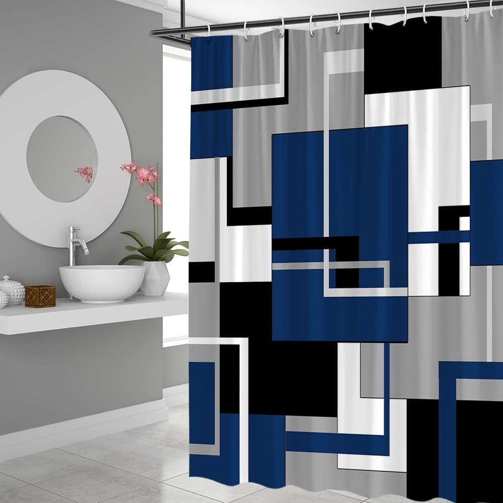 Blue Geometric Shower Curtain Black White and Gray Abstract Minimalist ...