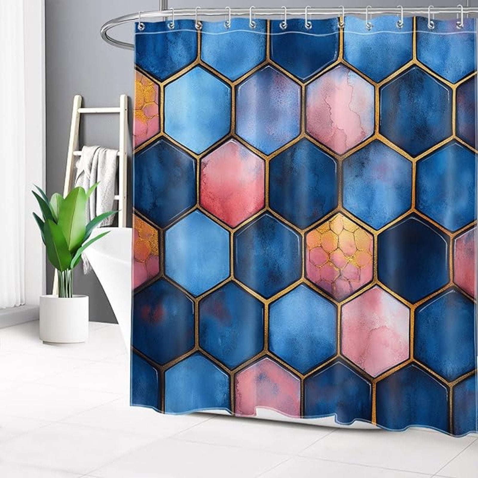 Blue Geometric Shower Curtain Pink Gold Hexagon Honeycomb Pattern Fabric Shower Curtain Elegant ...