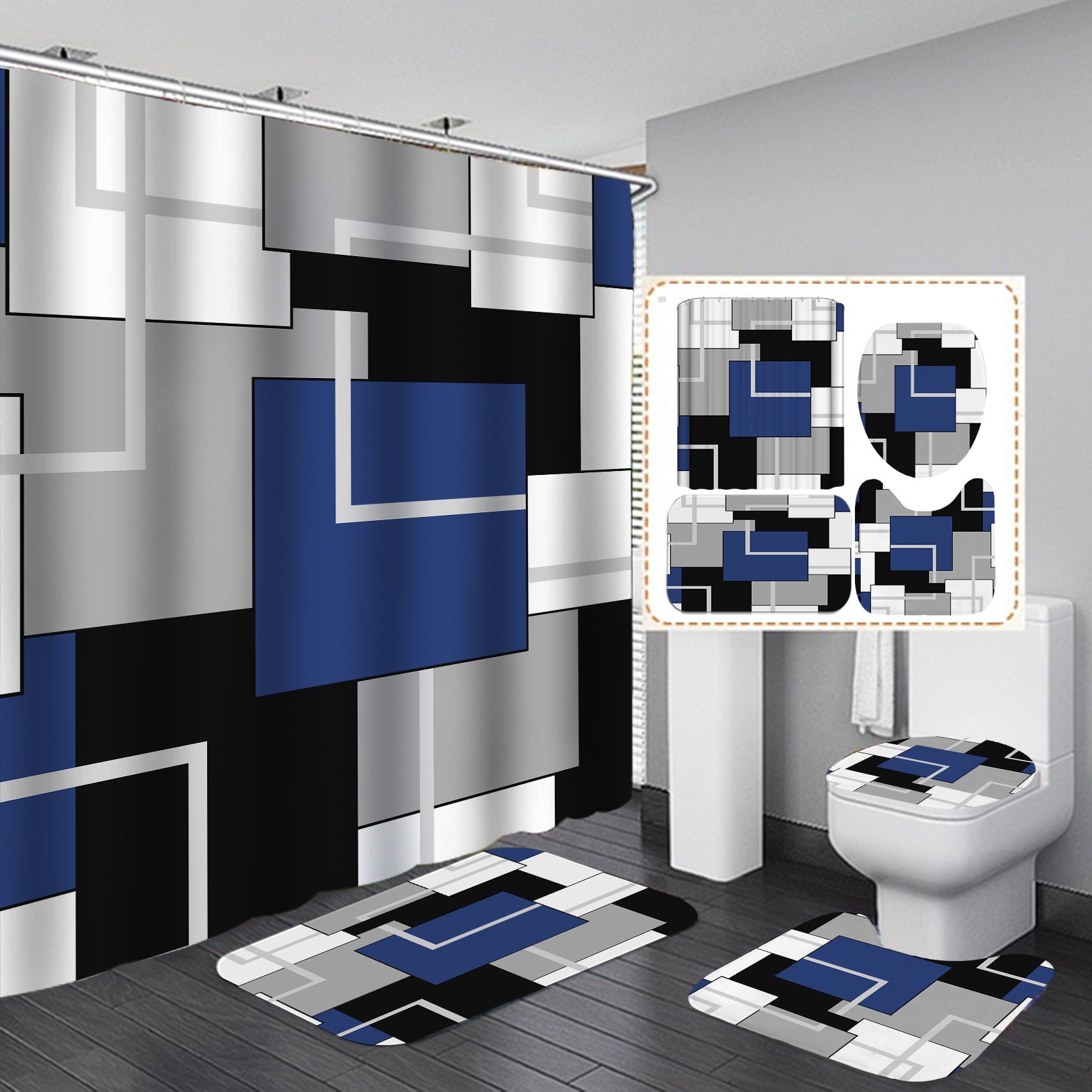 Blue Geometric Shower Curtain Set American Stripe Plaid Fabric Bathroom ...