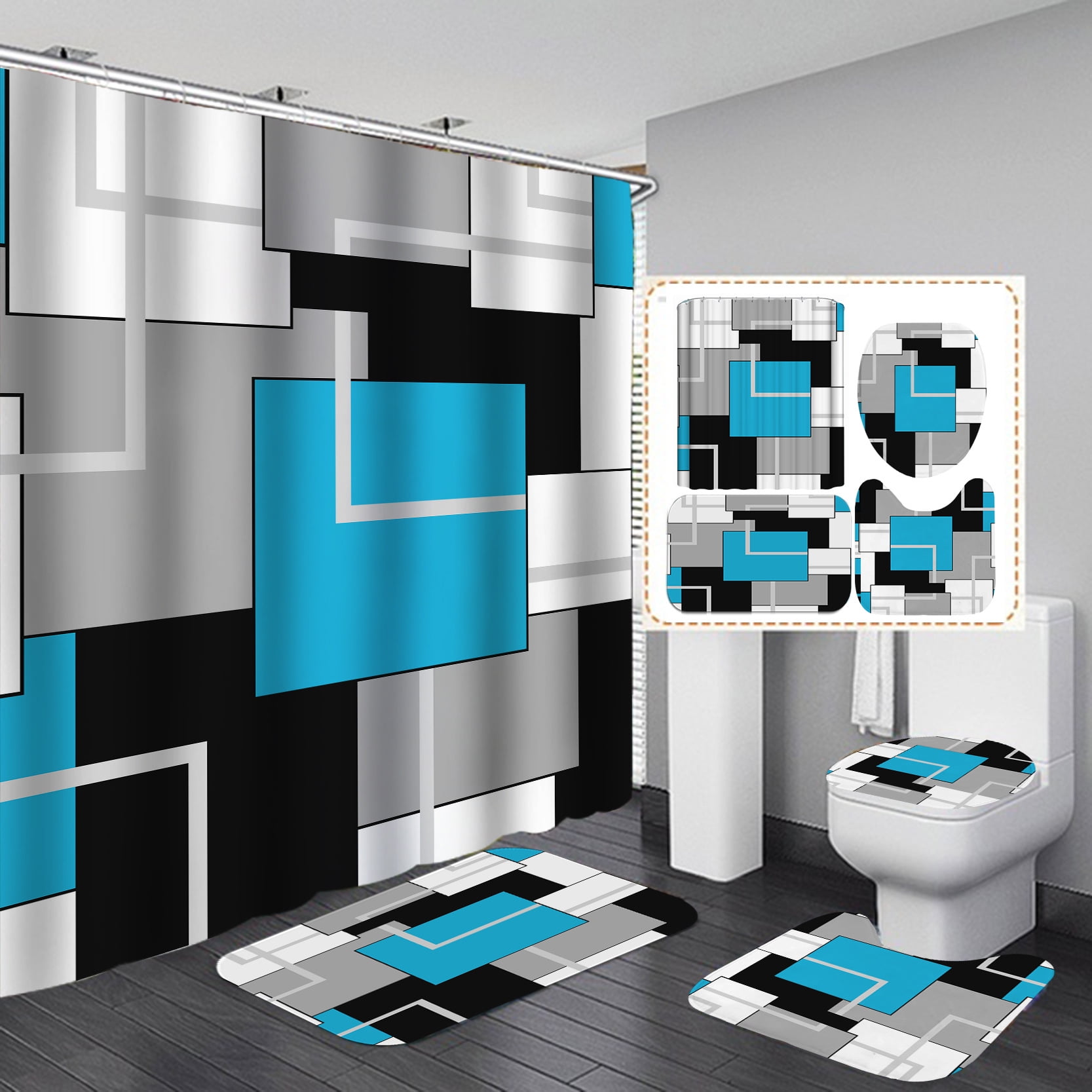 Blue Geometric Shower Curtain Set American Stripe Plaid Fabric Bathroom ...