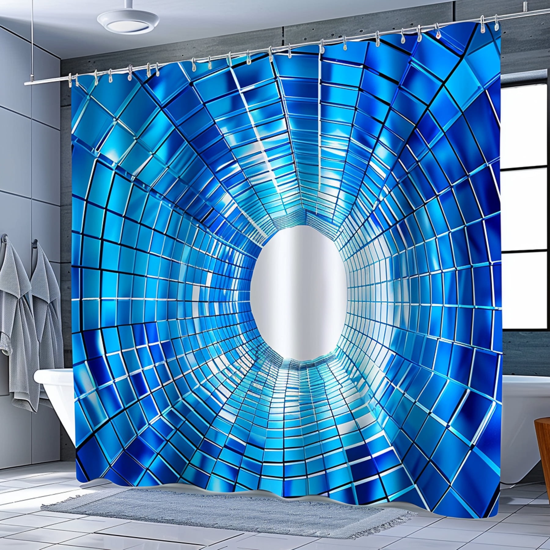 Blue Geometric Shower Curtain With White Wall Design Modern Bathroom