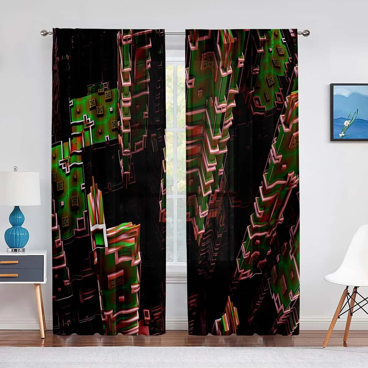 Blue Geometric Square Sheer Voile Curtain for Kitchen Living Room ...