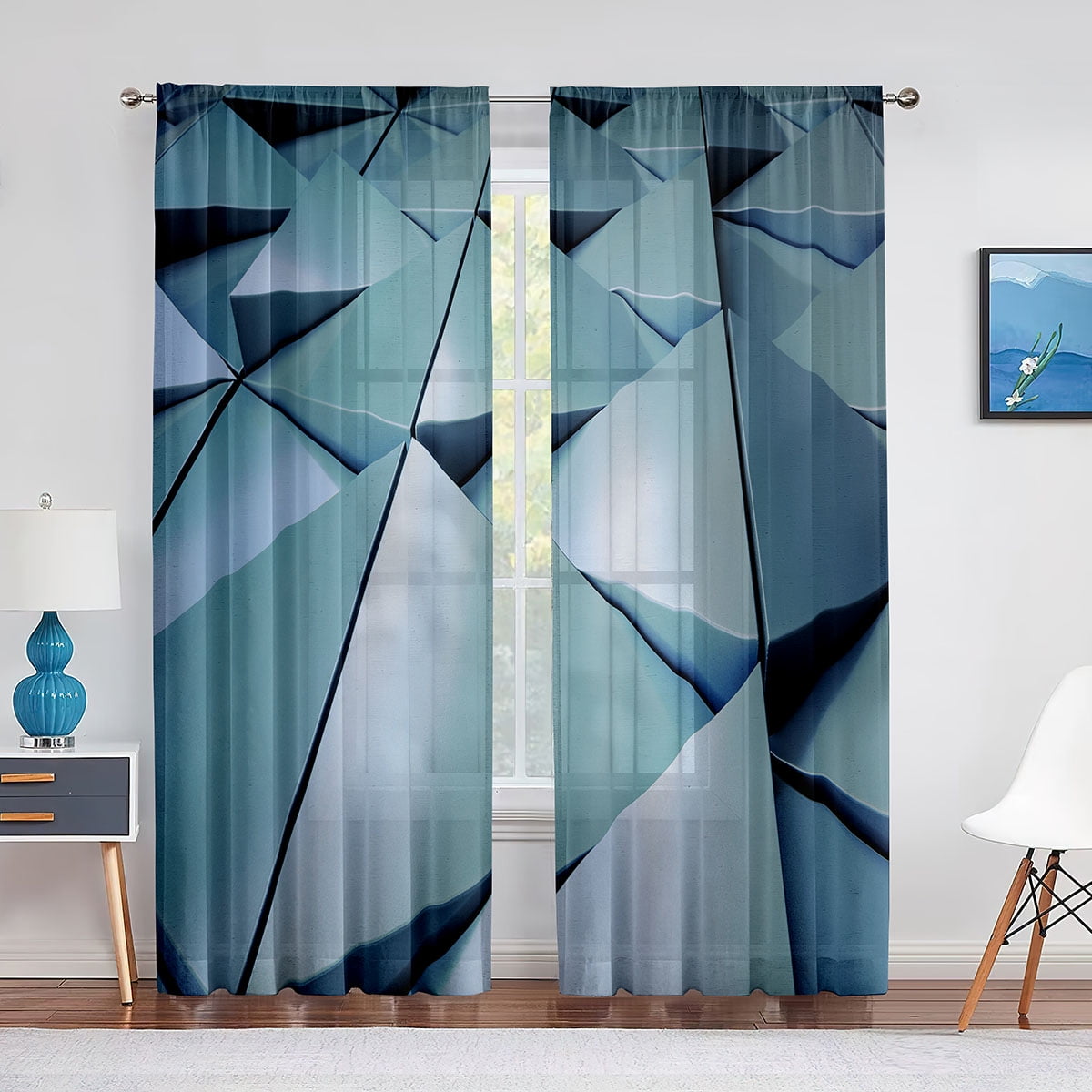 Blue Geometric Square Sheer Voile Curtain for Kitchen Living Room ...