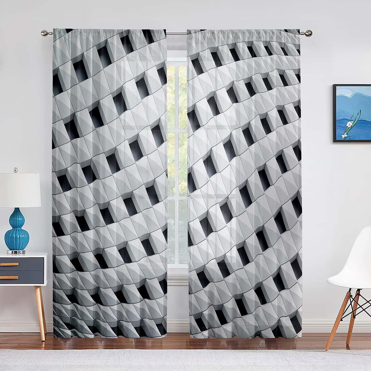 Blue Geometric Square Sheer Voile Curtain for Kitchen Living Room ...