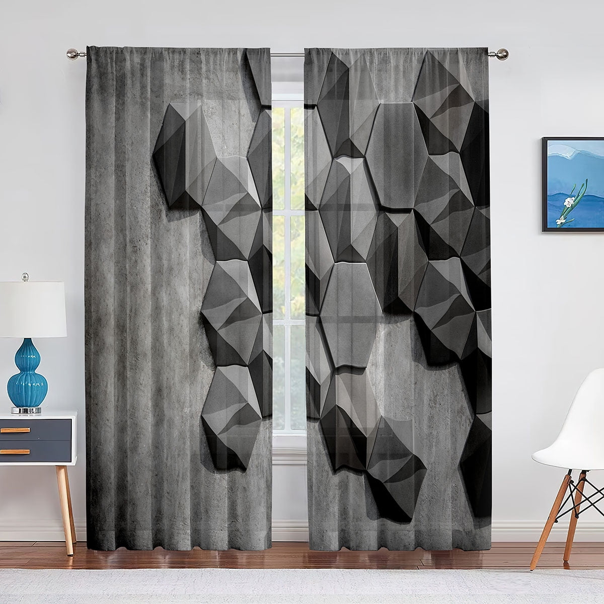 Blue Geometric Square Sheer Voile Curtain for Kitchen Living Room ...