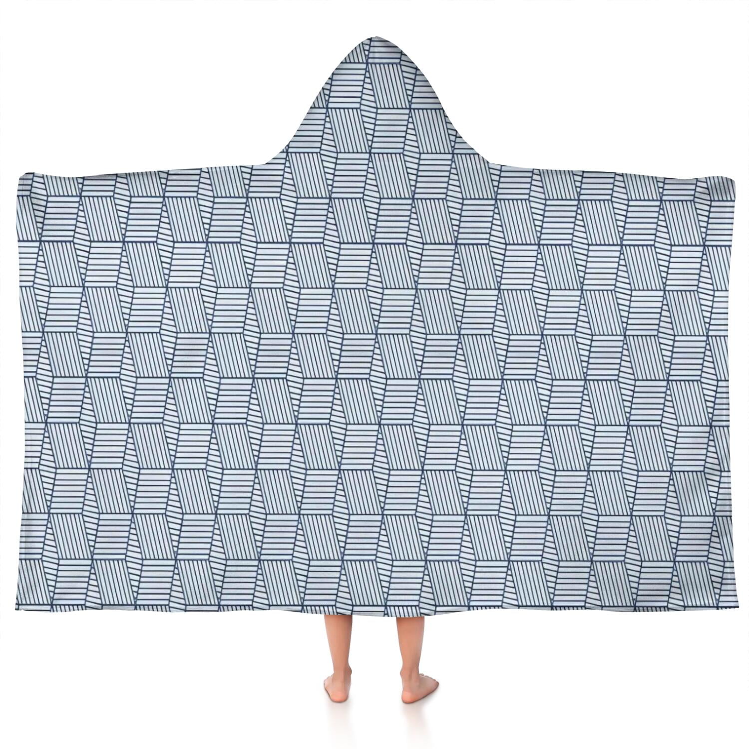 Blue Geometric Striped Pattern Hooded Bath Towel，50"x30" for Ages 3 To ...