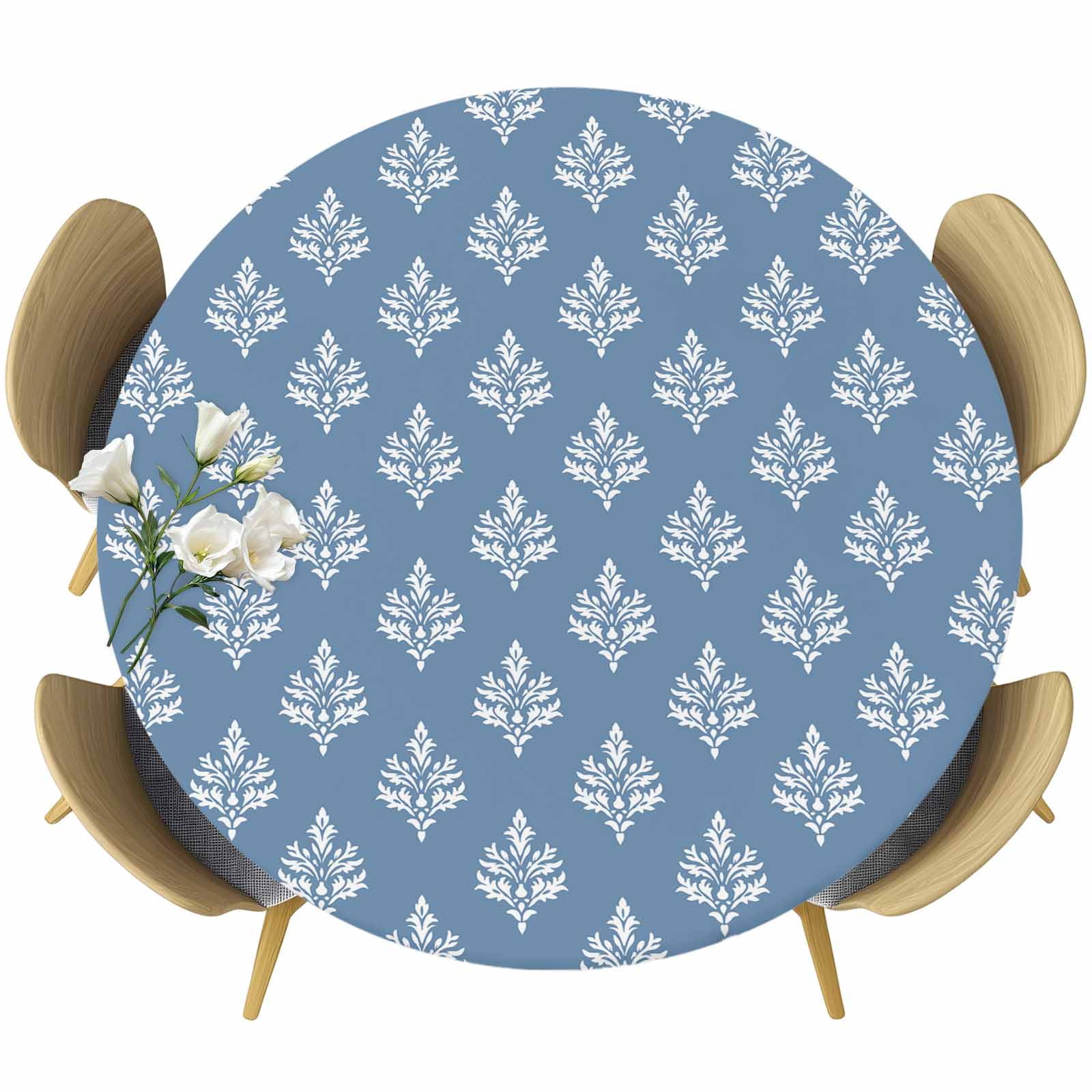 Blue Geometric Table Cloth, Round Fitted Tablecloths with Elastic Edge ...