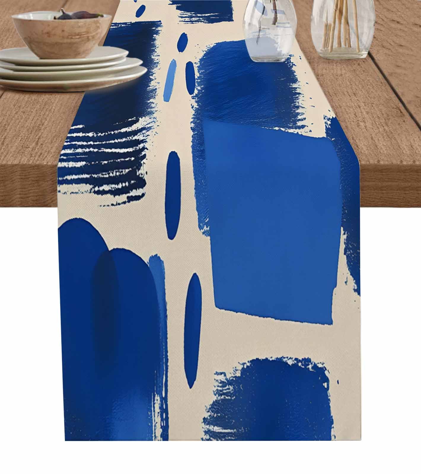 Blue Geometric Table Runner 120 Inches, Abstract Color Block Modernism ...