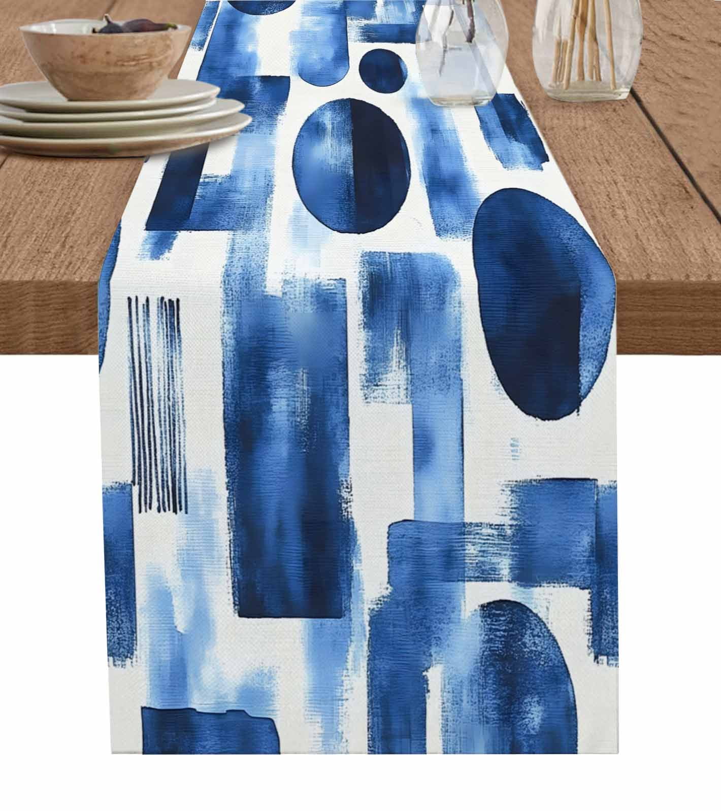 Blue Geometric Table Runner 72 Inches, Modern Abstract Vintage Art ...