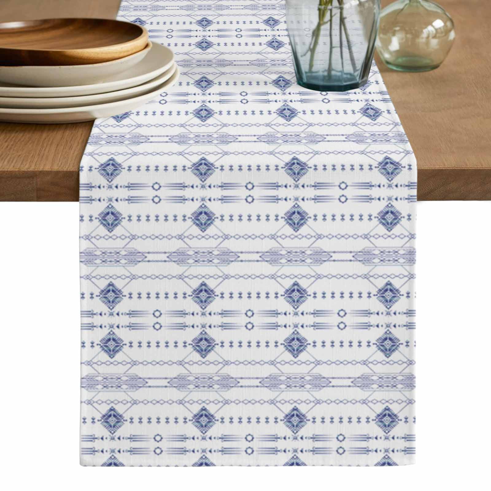 Blue Geometric Table Runner, Boho Ethnic Modern Abstract Art Aesthetics ...