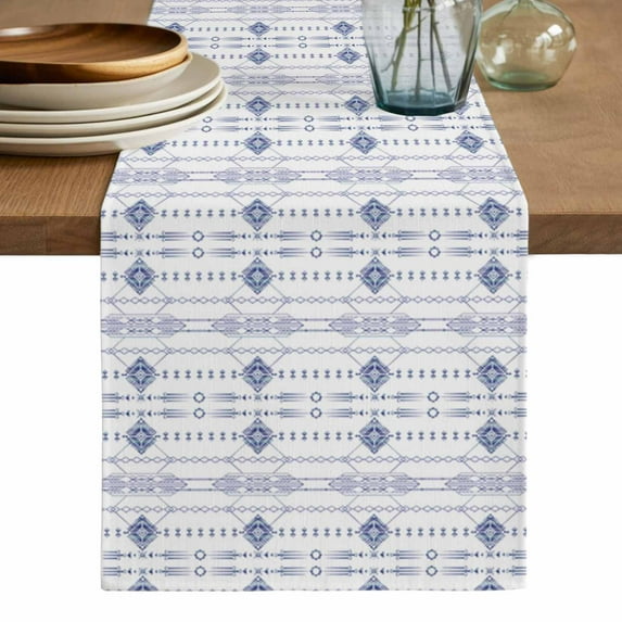 Blue Geometric Table Runner, Boho Ethnic Modern Abstract Art Aesthetics ...