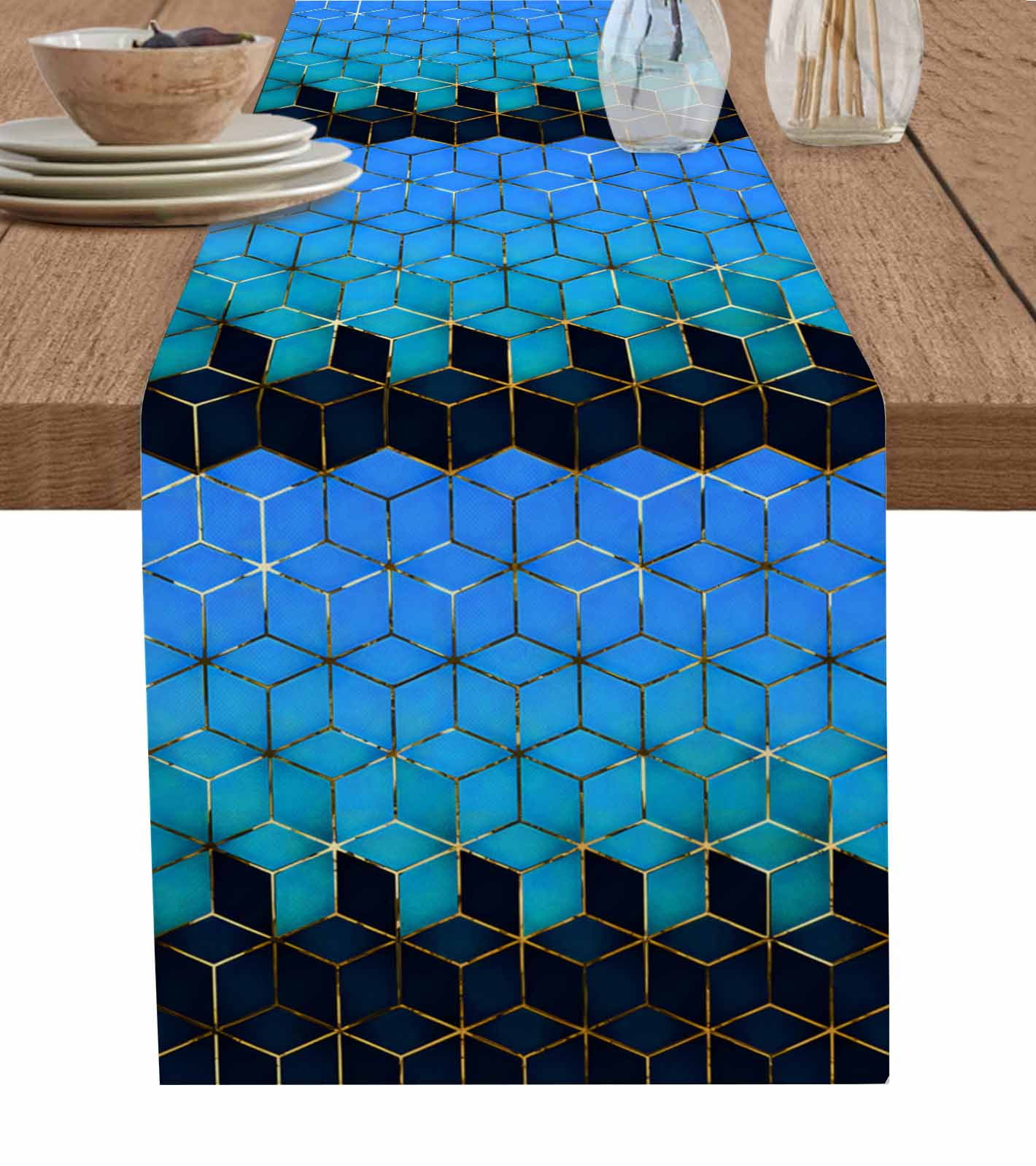 Blue Geometric Table Runner Gradient Black Gold Mottled Comb Grid ...