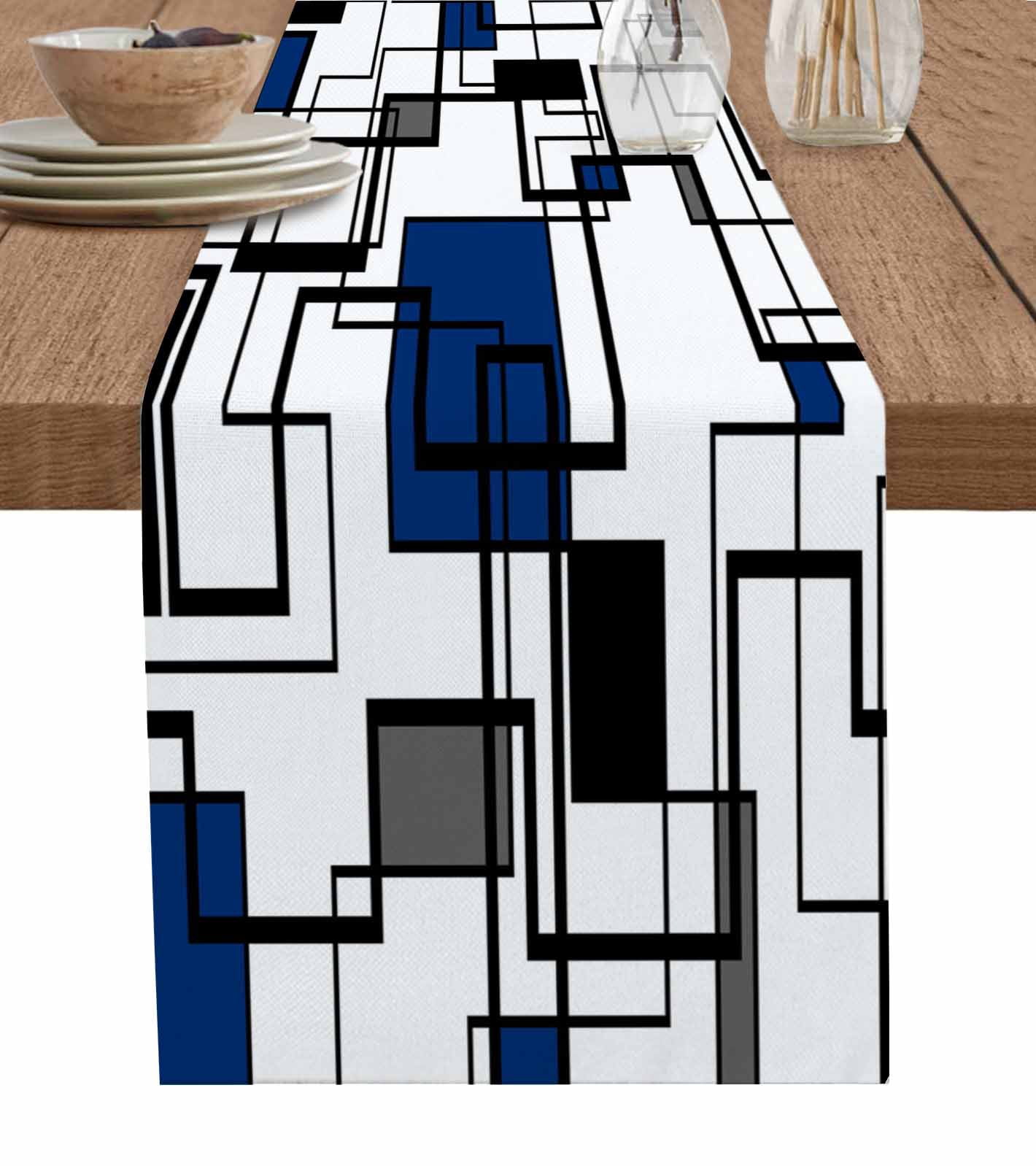 Blue Geometric Table Runner Minimalist Black Gray Abstract Striped ...