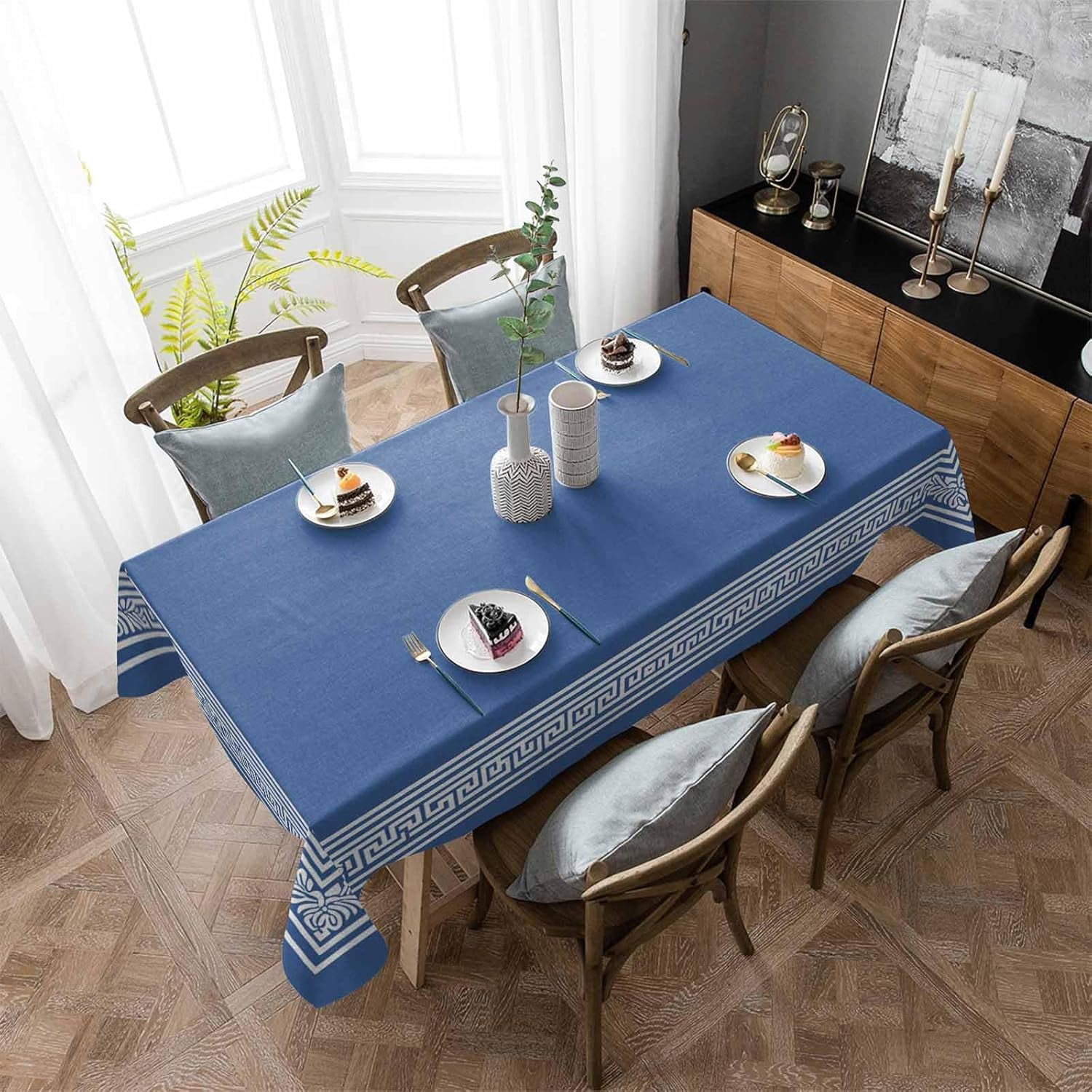 Blue Geometric Table cloth Waterproof Tablecloths, White Greek Key ...
