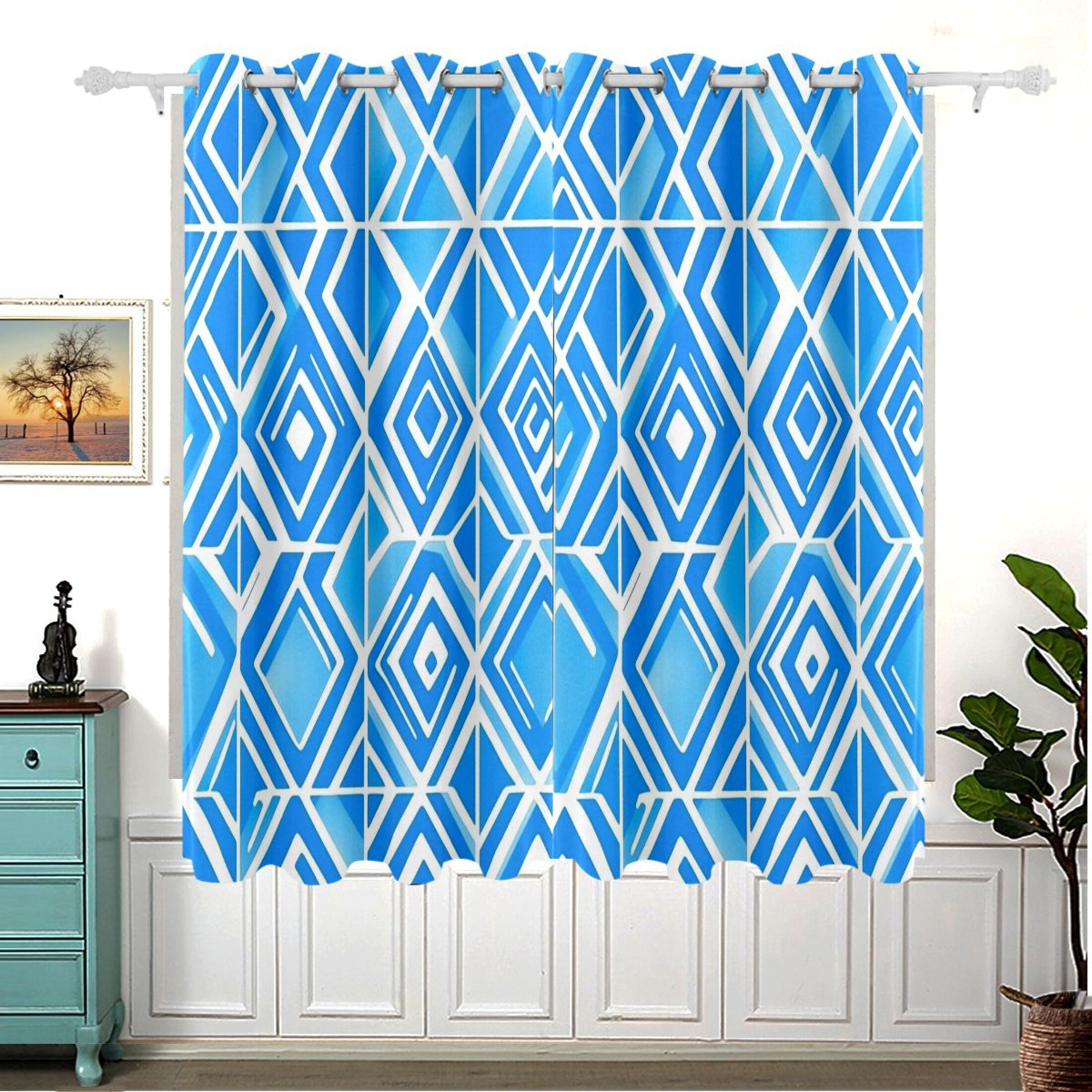 Blue Geometric Tile Pattern Blackout Curtains for Living Room Bedroom ...