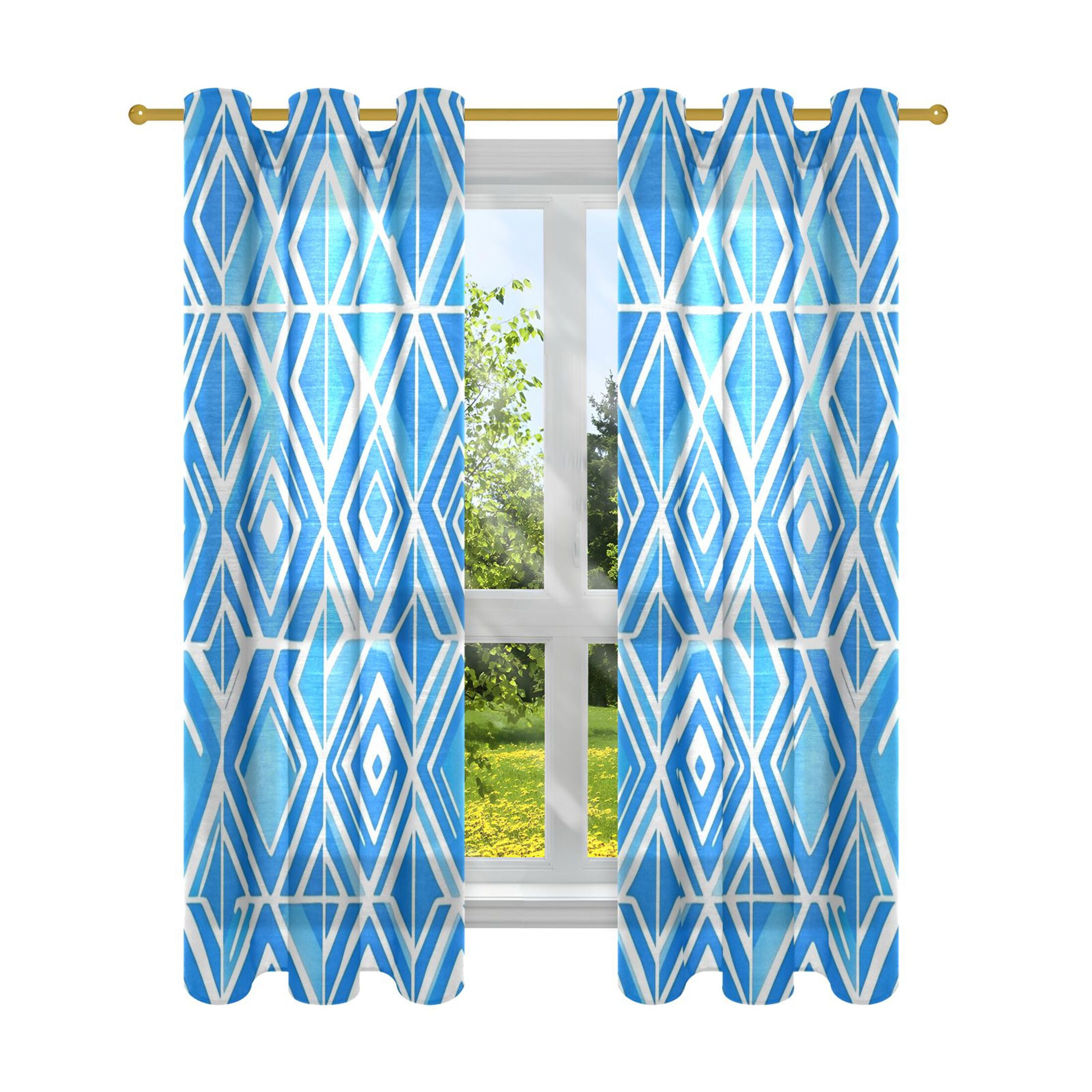 Blue Geometric Tile Pattern Semi Sheer Curtains for Living Room Bedroom ...