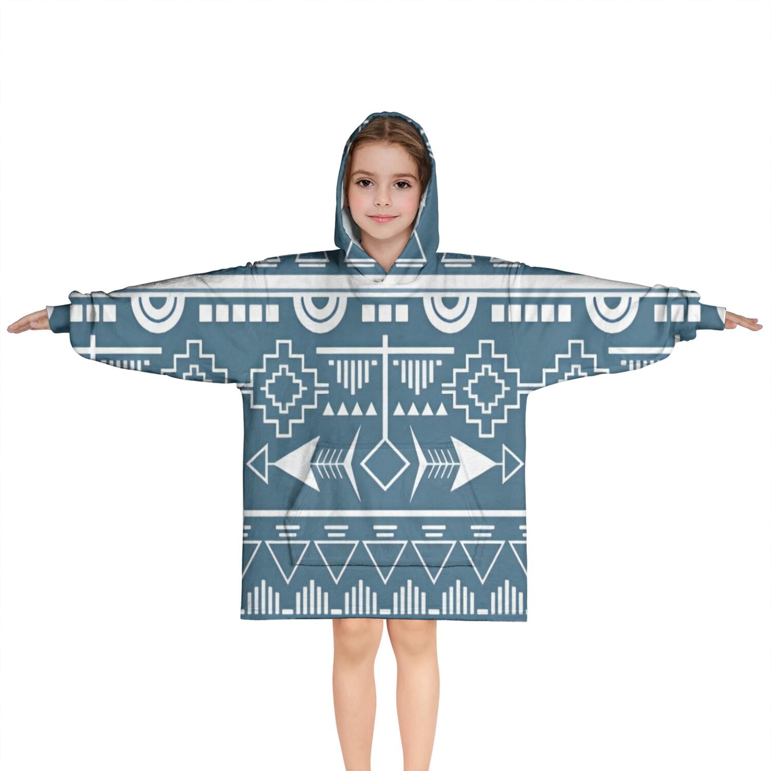 Blue Geometric Triangle Arrow Pattern Blanket Hoodies for Kids 6-13YR ...