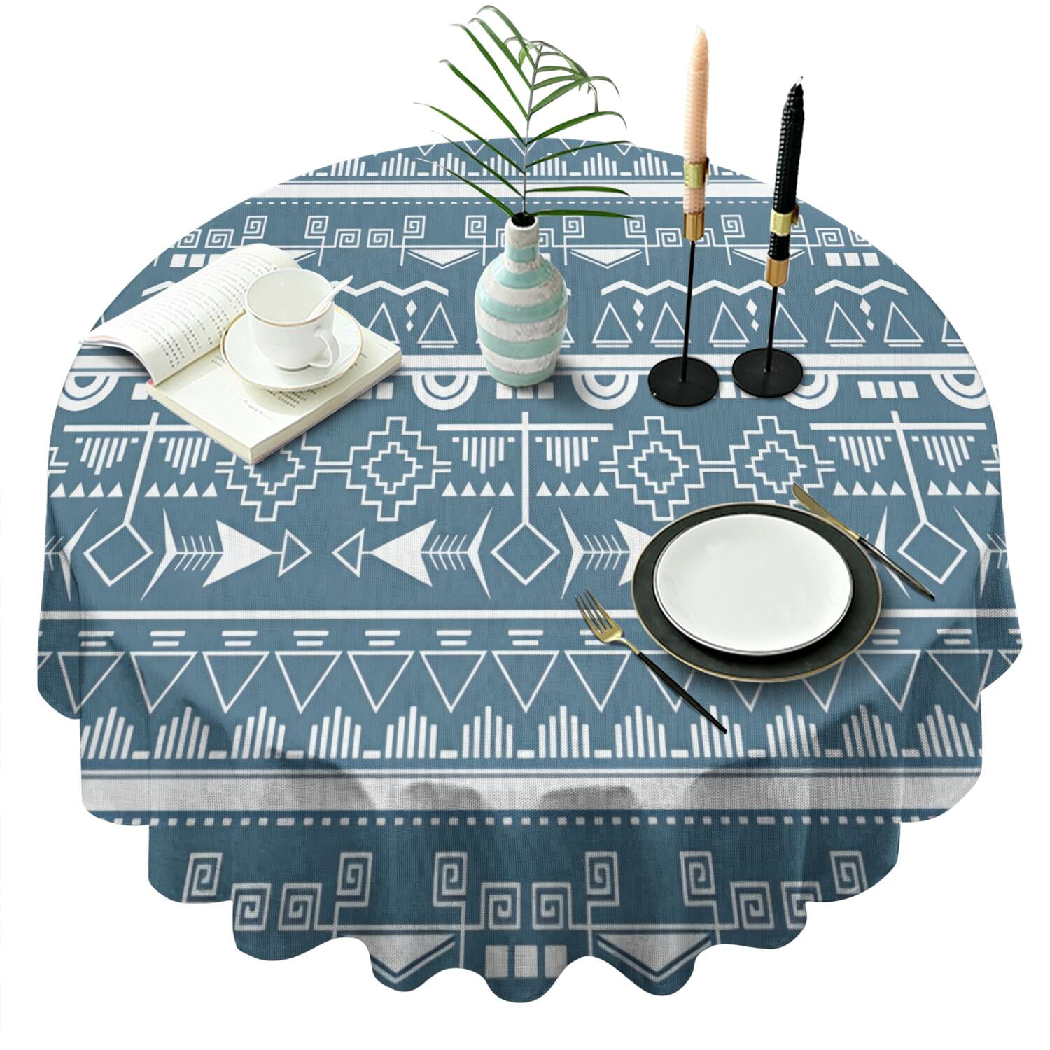 Blue Geometric Triangle Arrow Pattern Round Tablecloth 60"x60",Wrinkle ...