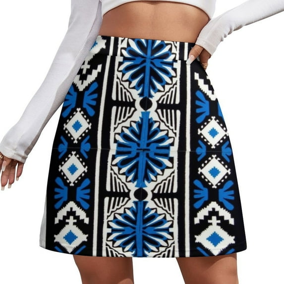 Blue Geometric Tribal Pattern Women's High Waist Skirt Stretchy Casual ...