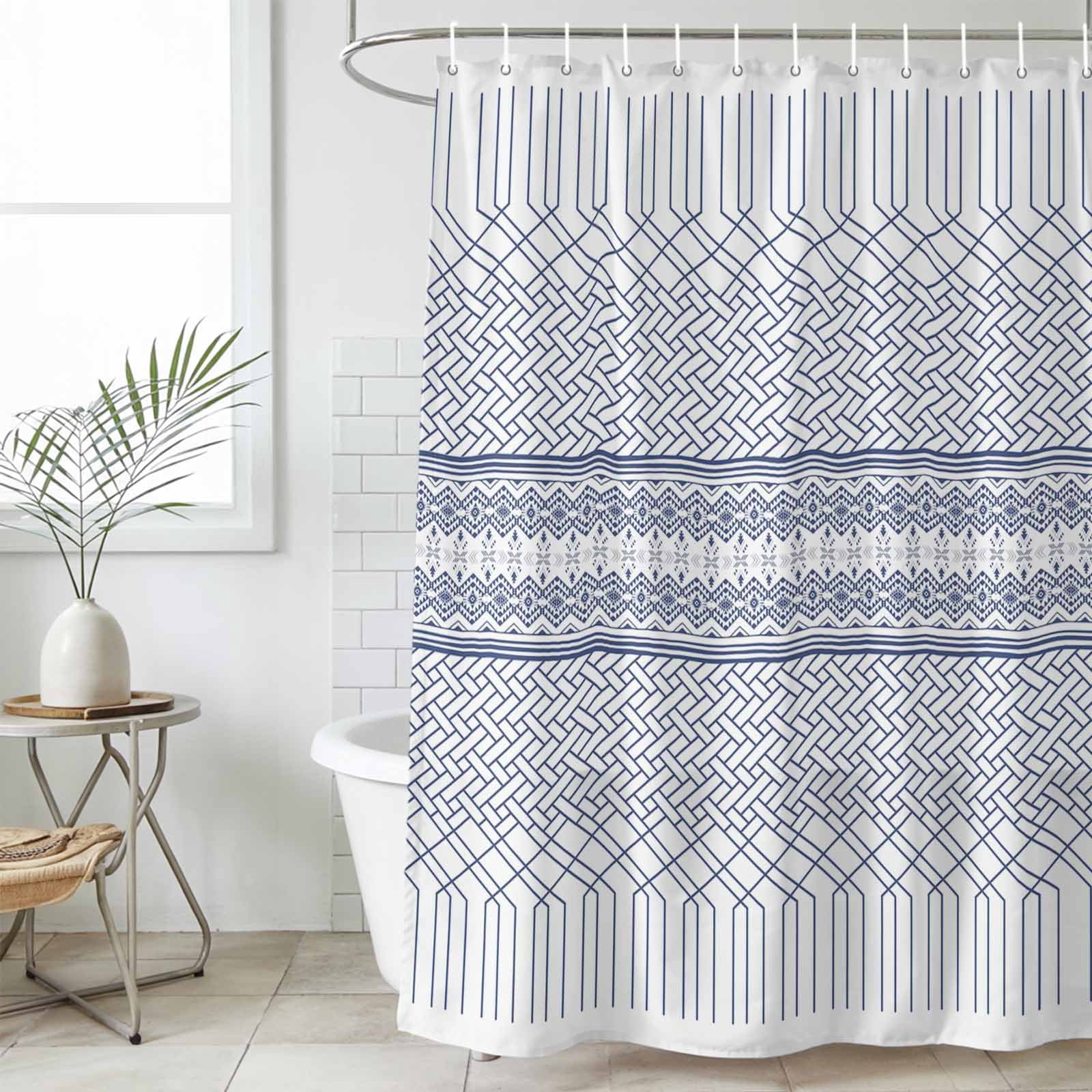 Blue Geometric Waterproof Fabric Shower Curtain,Modern Blue Striped ...
