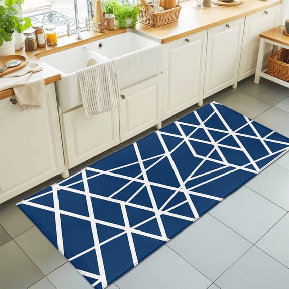 Blue Geometric White Line Rectangle Rug 2'x6' Abstract Minimalist Style ...