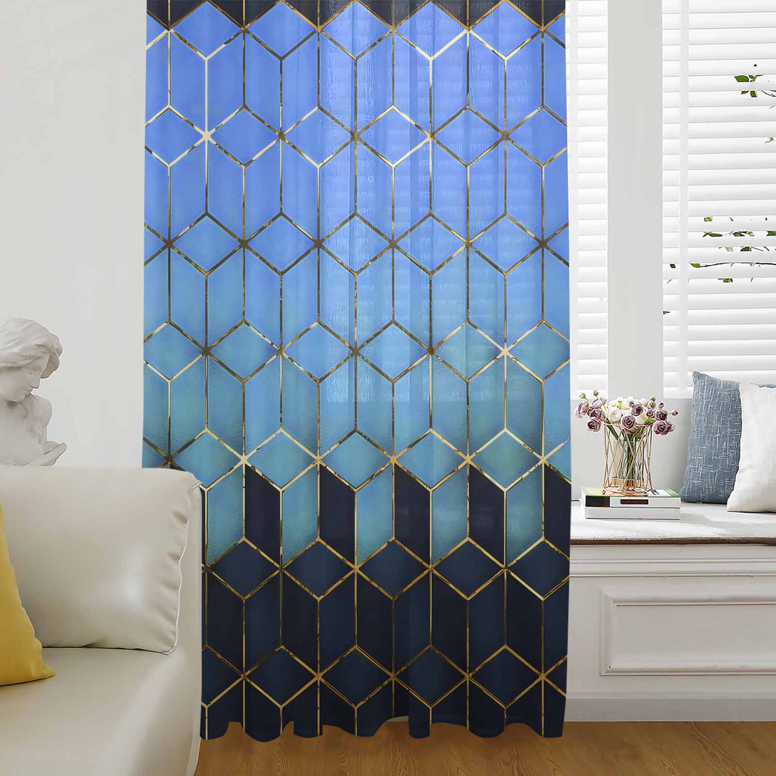 Blue Geometric Window Curtain 63 Inches Long,Gradient Black Gold ...