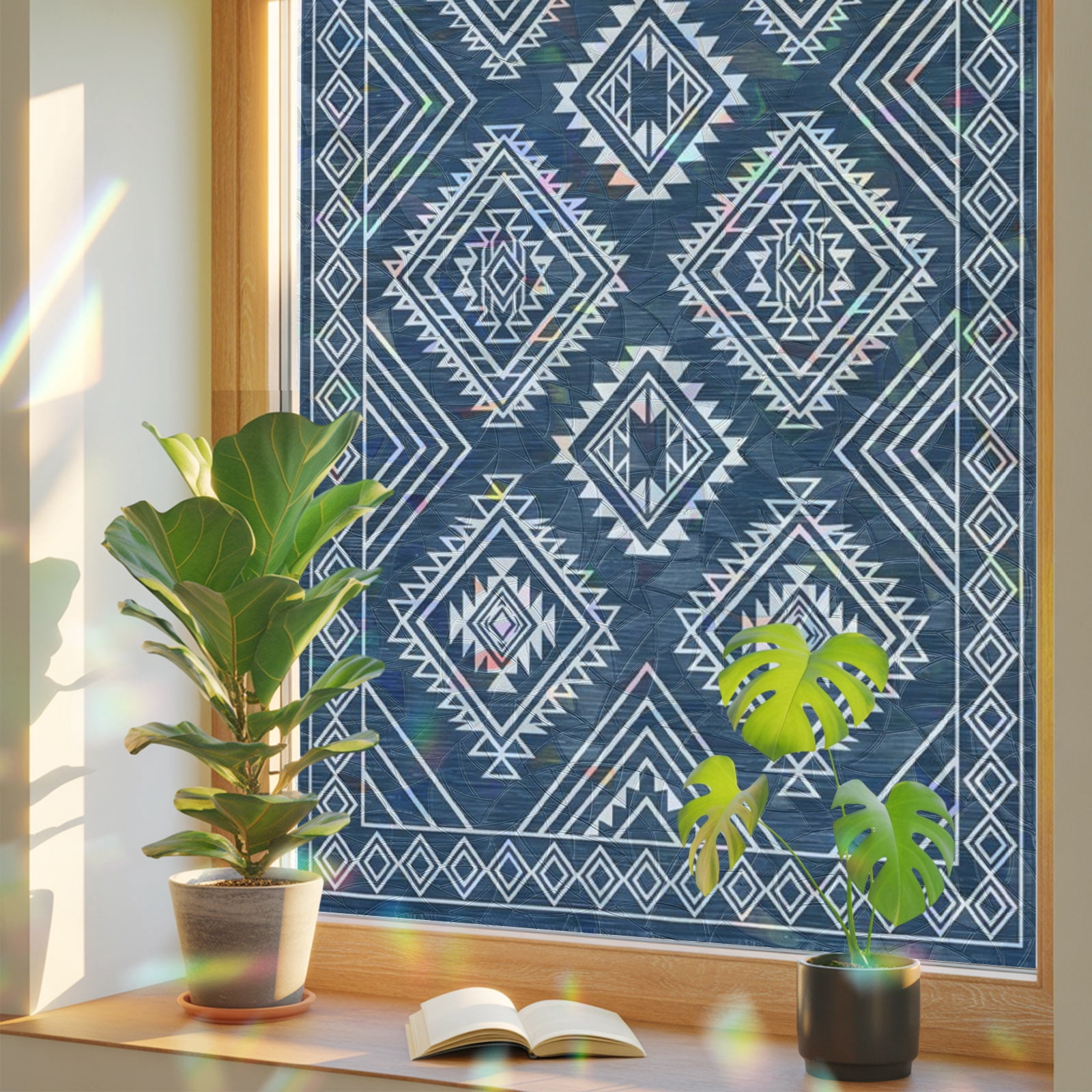 Blue Geometric Window Privacy Film Rainbow Static Cling Stain Glass ...