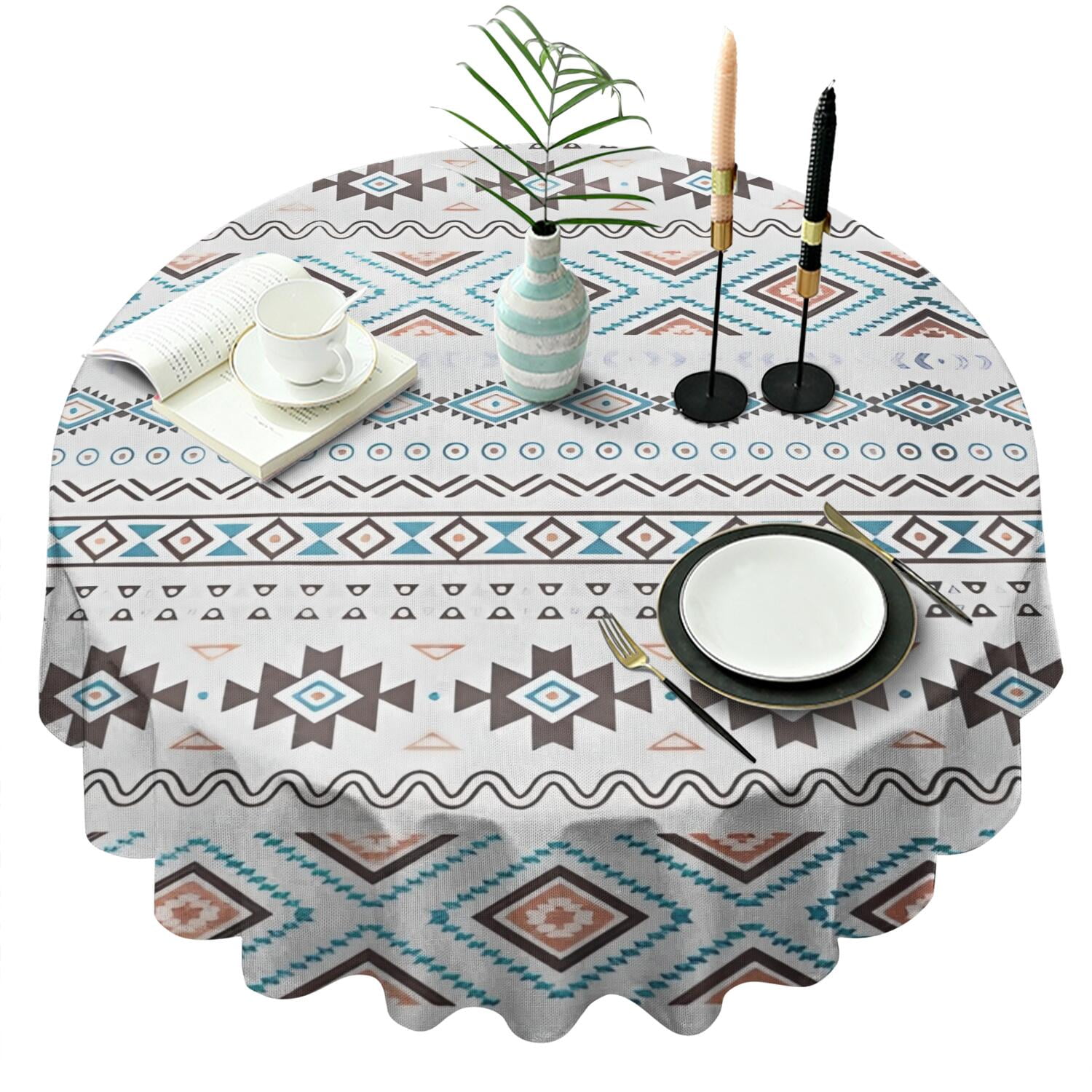 Blue Geometric and Striped Pattern Round Tablecloth 60"x60",Wrinkle ...